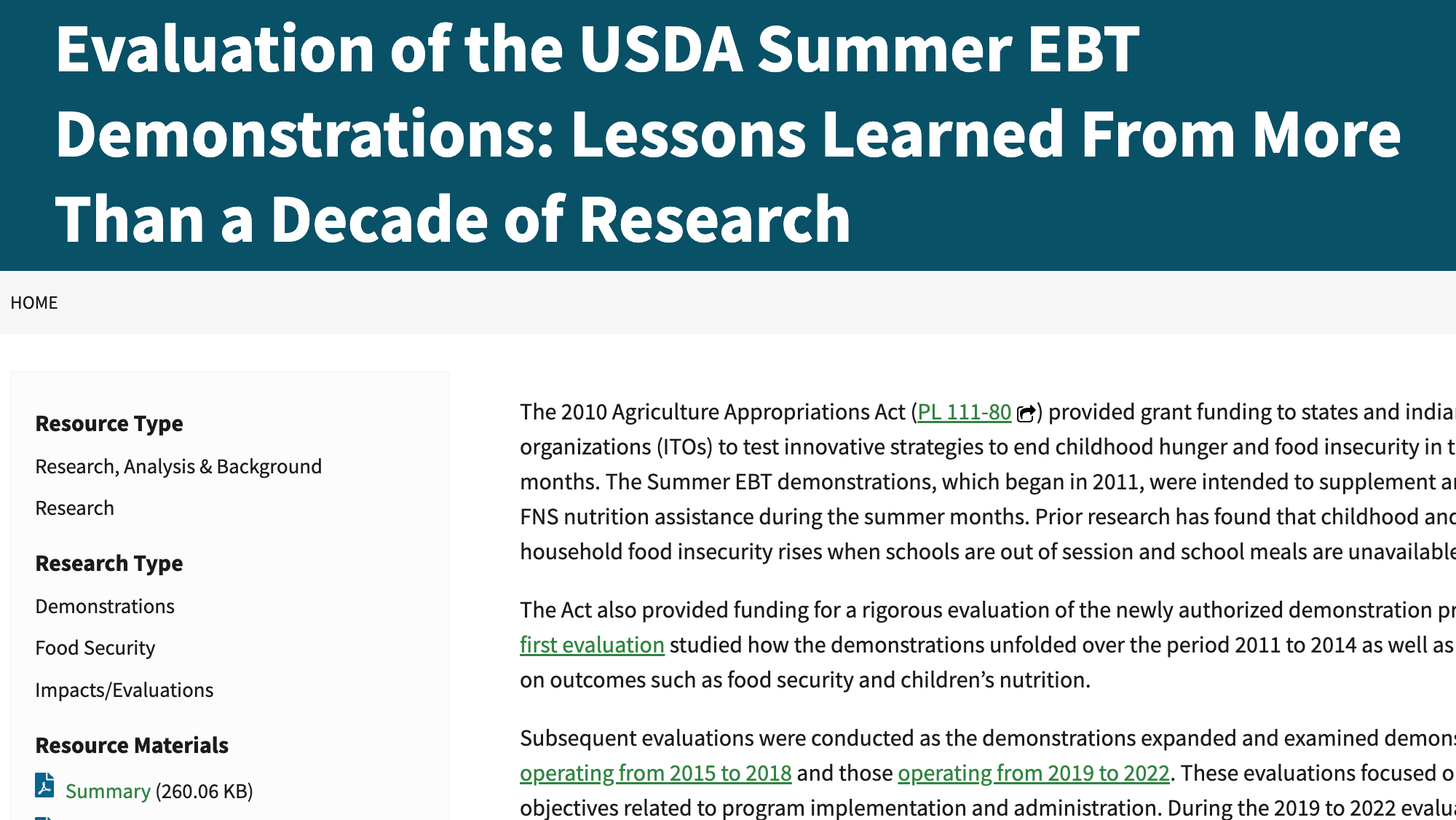 Evaluation of the USDA Summer EBT Demonstrations: Lessons Learned From ...