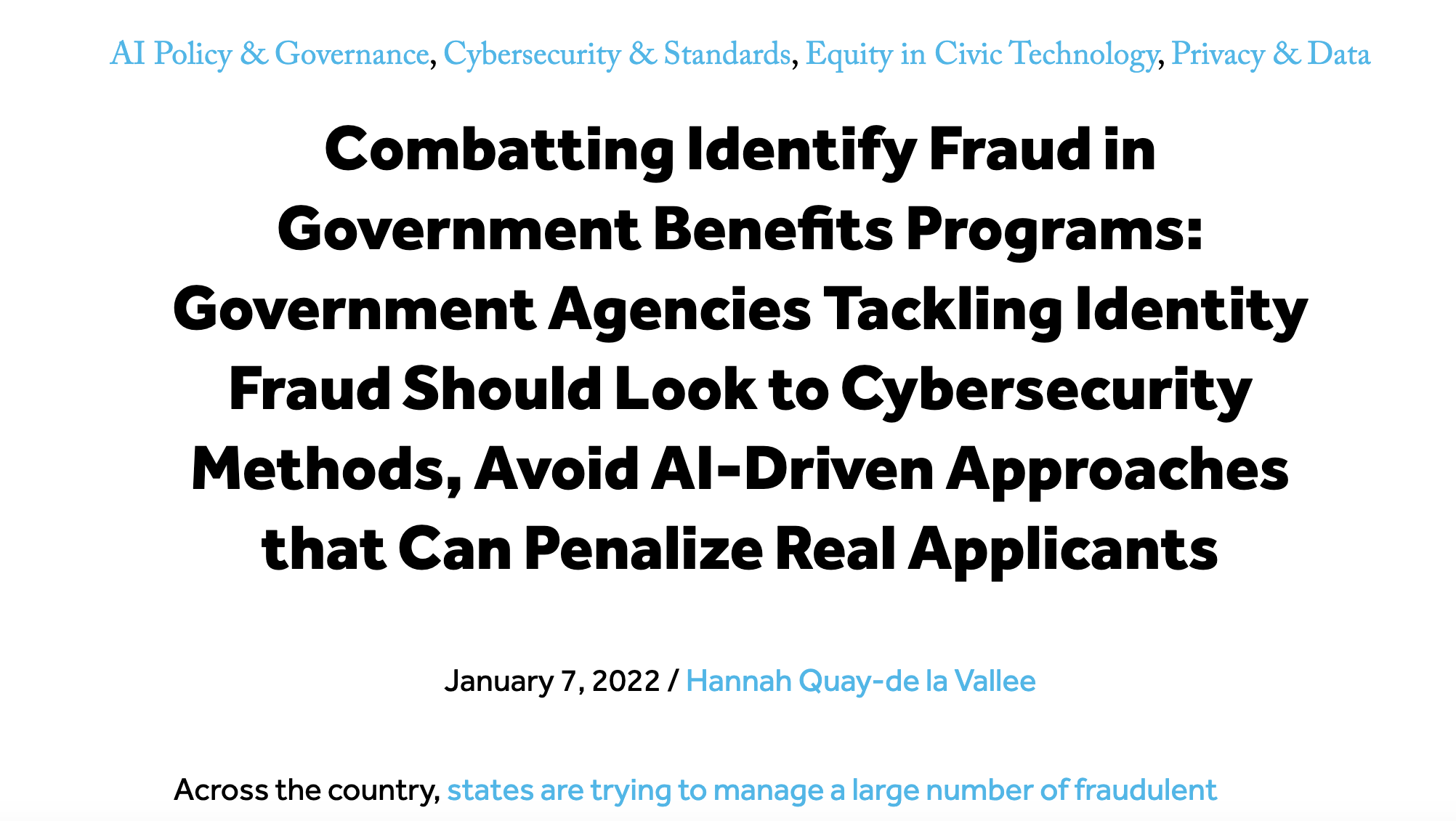 Combatting Identify Fraud in Government Benefits Programs: Government ...